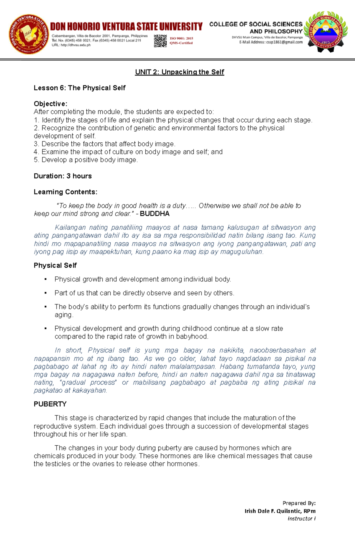 (Lesson 6) The Physical Self: Understanding Growth & Body Image - Studocu