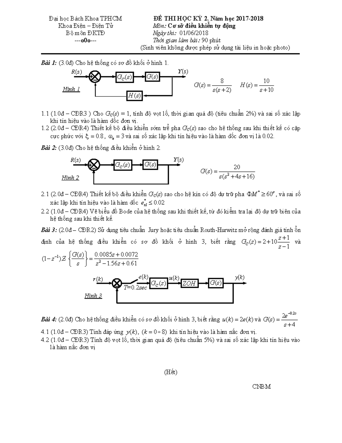 172 - đề thi lý thuyết điều khiển - Lý thuyết điều khiển tự động - HUST - Studocu
