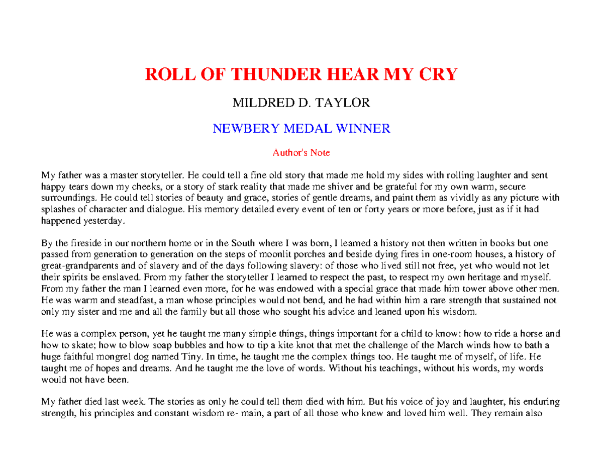Roll of Thunder, Hear My Cry: Insights and Analysis of Mildred D ...