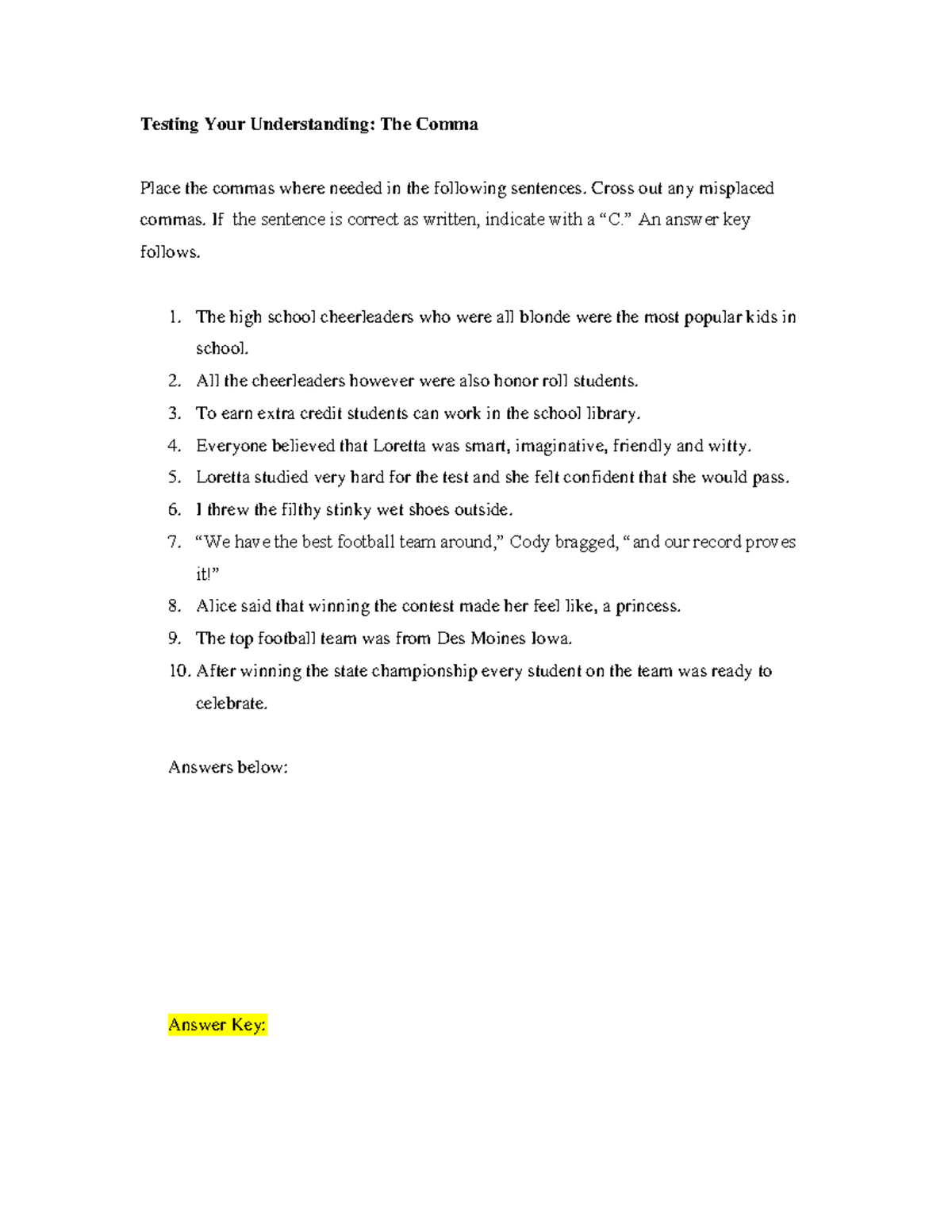 Comma Practice Exercises and Answer Key for English 101 - Studocu