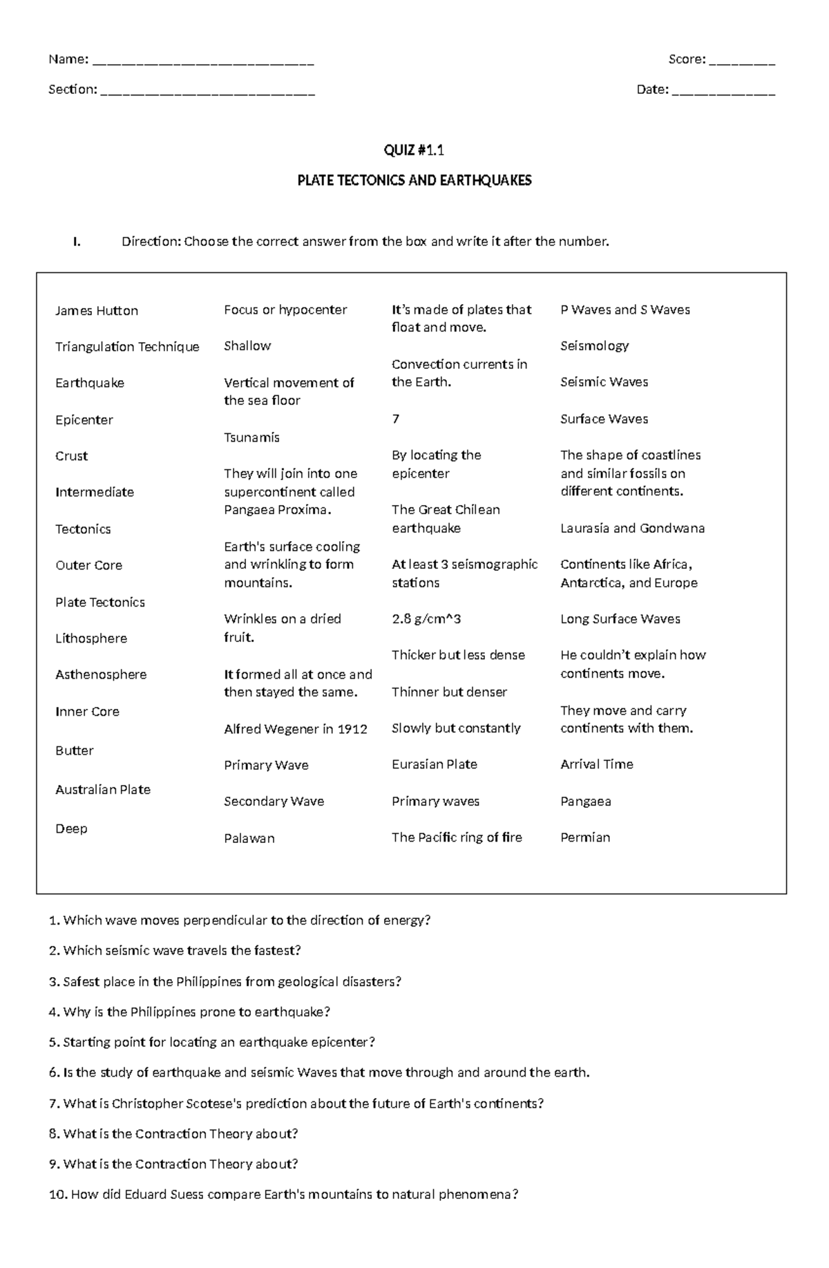 Science QUIZ - SCIEN QYIZ G10 Q1 - Name ...