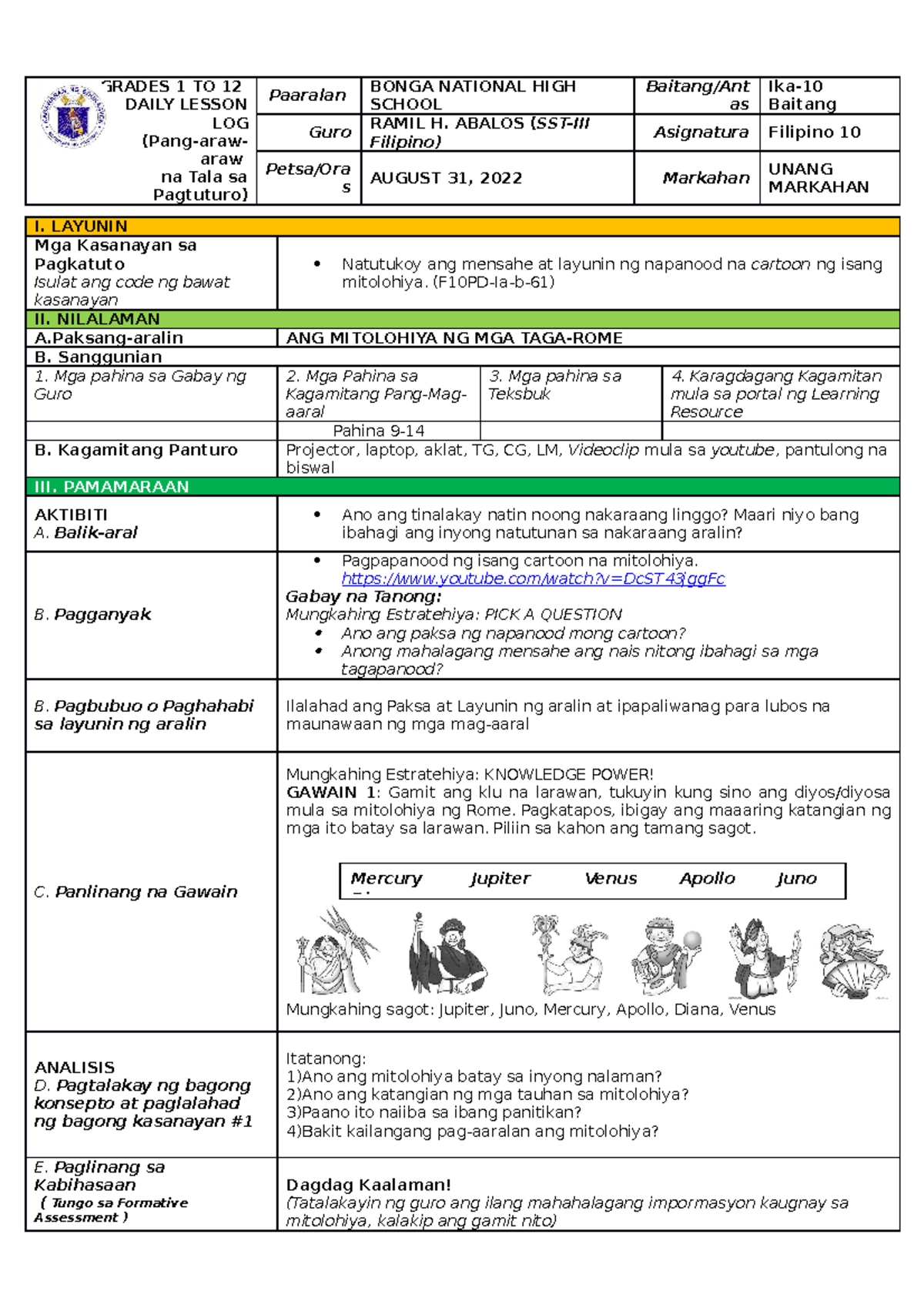 DLL 1 Q1 - DAILY LESSON LOG - GRADES 1 TO 12 DAILY LESSON LOG (Pang ...