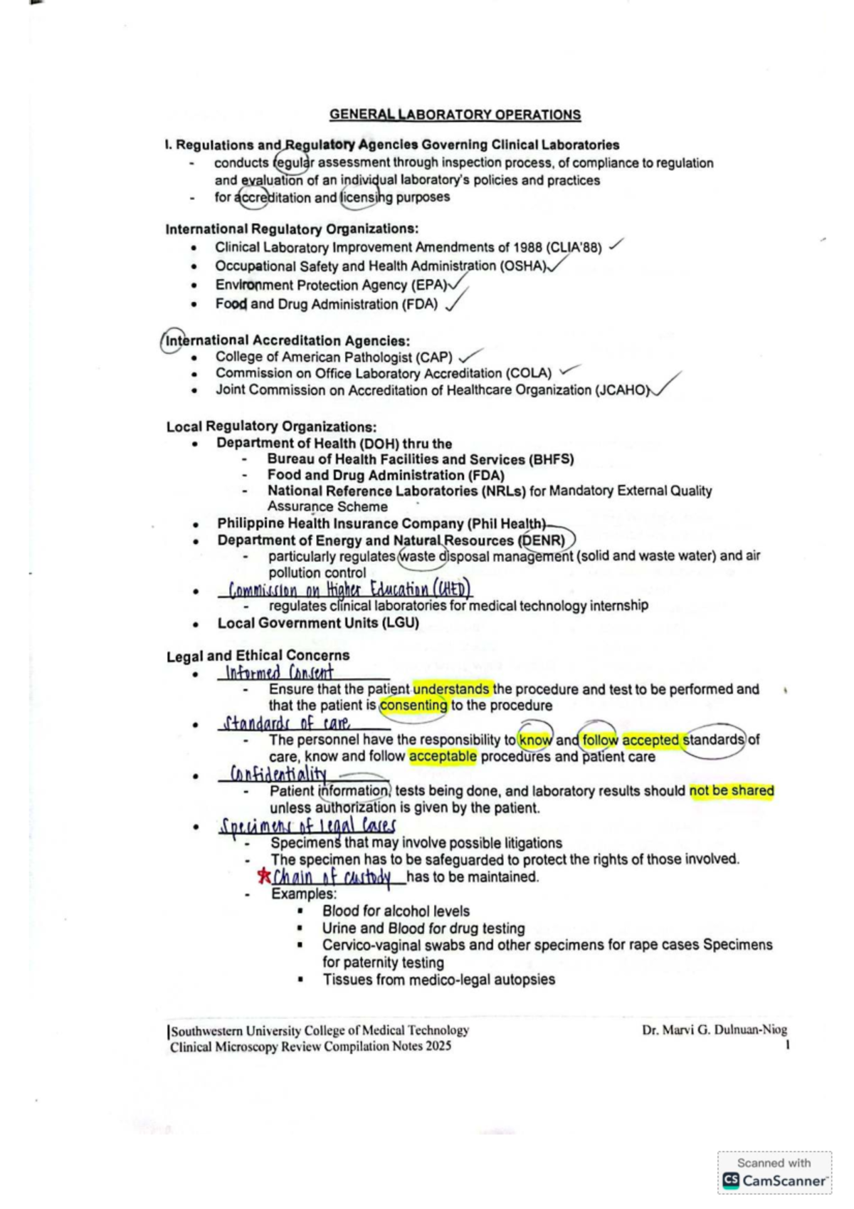 GENERAL LABORATORY OPERATIONS I: Clinical Laboratory Regulations ...