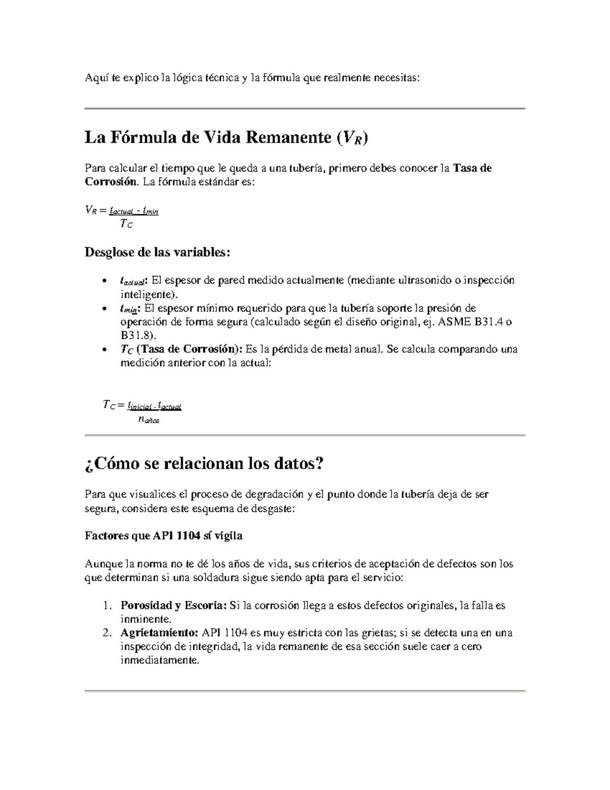 Fórmula de Vida Remanente (VR) y Tasa de Corrosión en Tuberías - Studocu