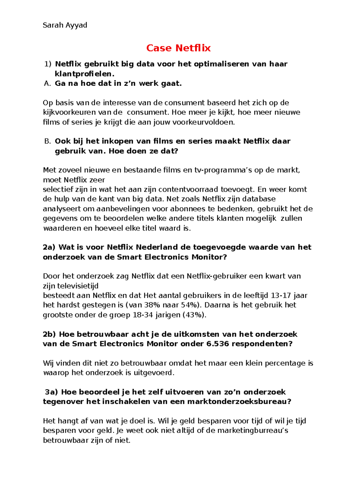 Case Study: Big Data & Klantprofielen bij Netflix (Sarah Ayyad) - Studocu