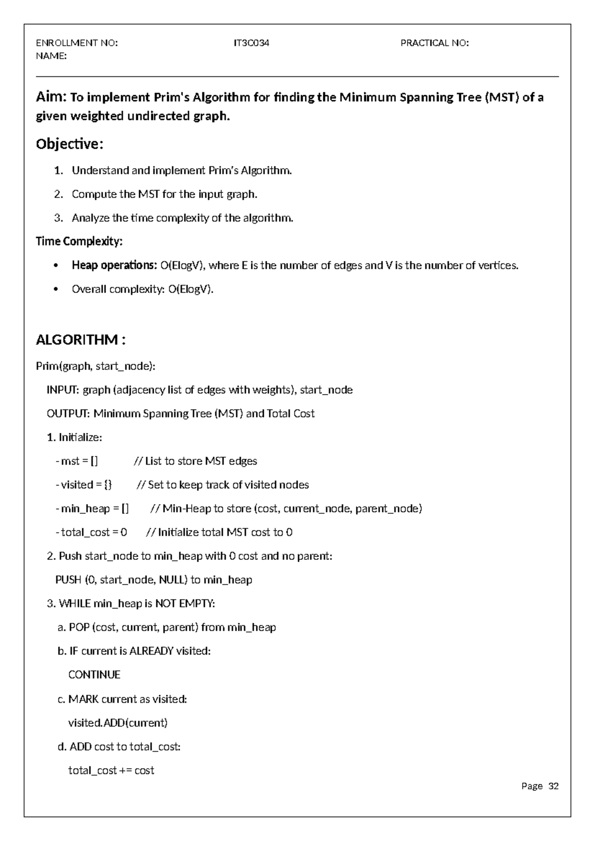 DAA 2 - Daa notes - NAME: Aim: To implement Prim's Algorithm for ...