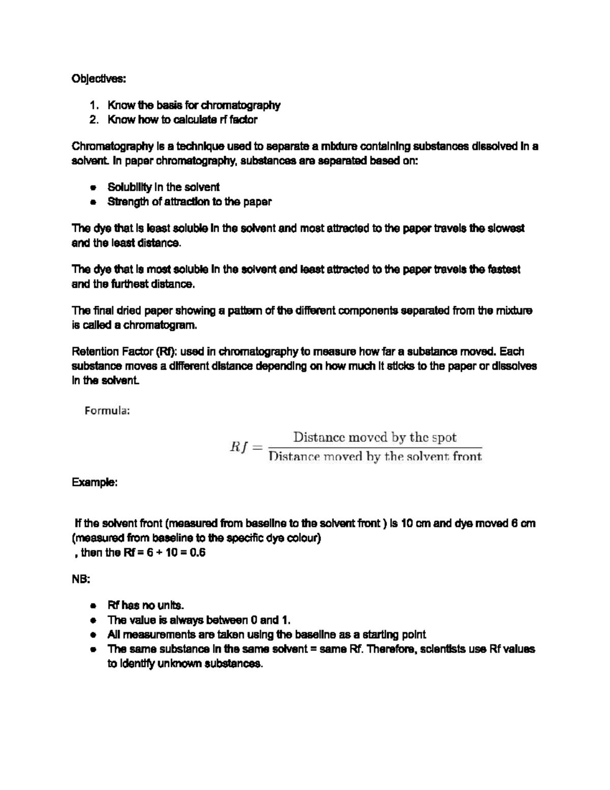 Chem 101: Chromatography Basics & Rf Factor Calculation Notes - Studocu