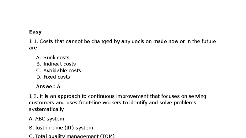 MAS - Management Accounting Solutions and Problem Set - Studocu