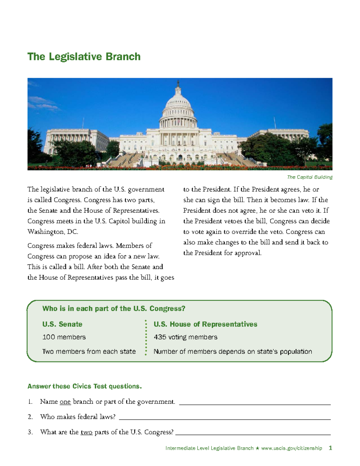 Intermediate Level Legislative Branch Handouts: Understanding Congress ...