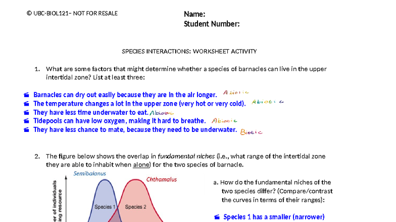 Species Interactions: Worksheet on Barnacle Competition and Fitness ...