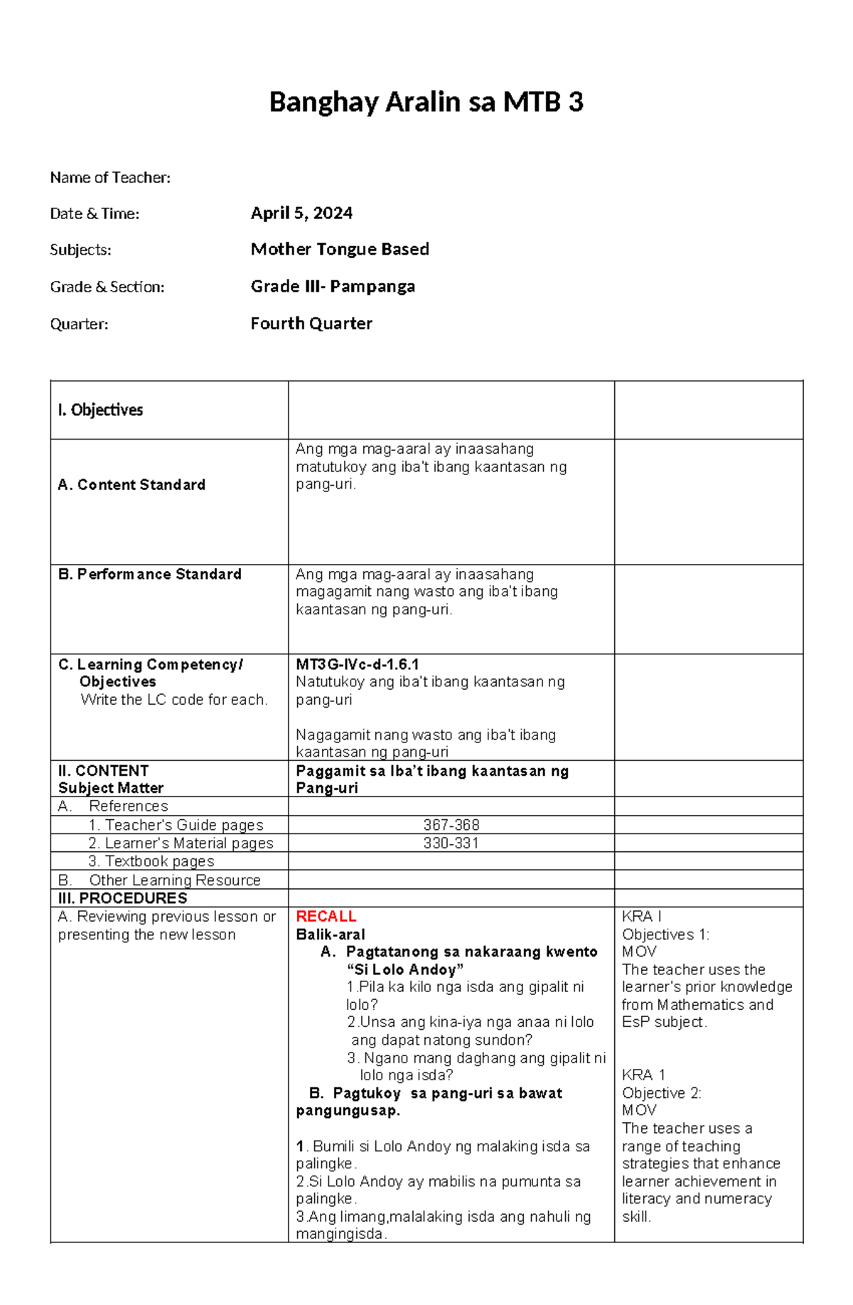 Lesson Plan for MTB 3: Fourth Quarter Objectives and Activities - Studocu