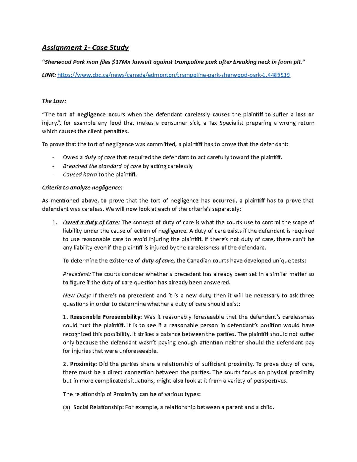 LGST 369 Assignment 1 - Case Study on Negligence and Liability - Studocu