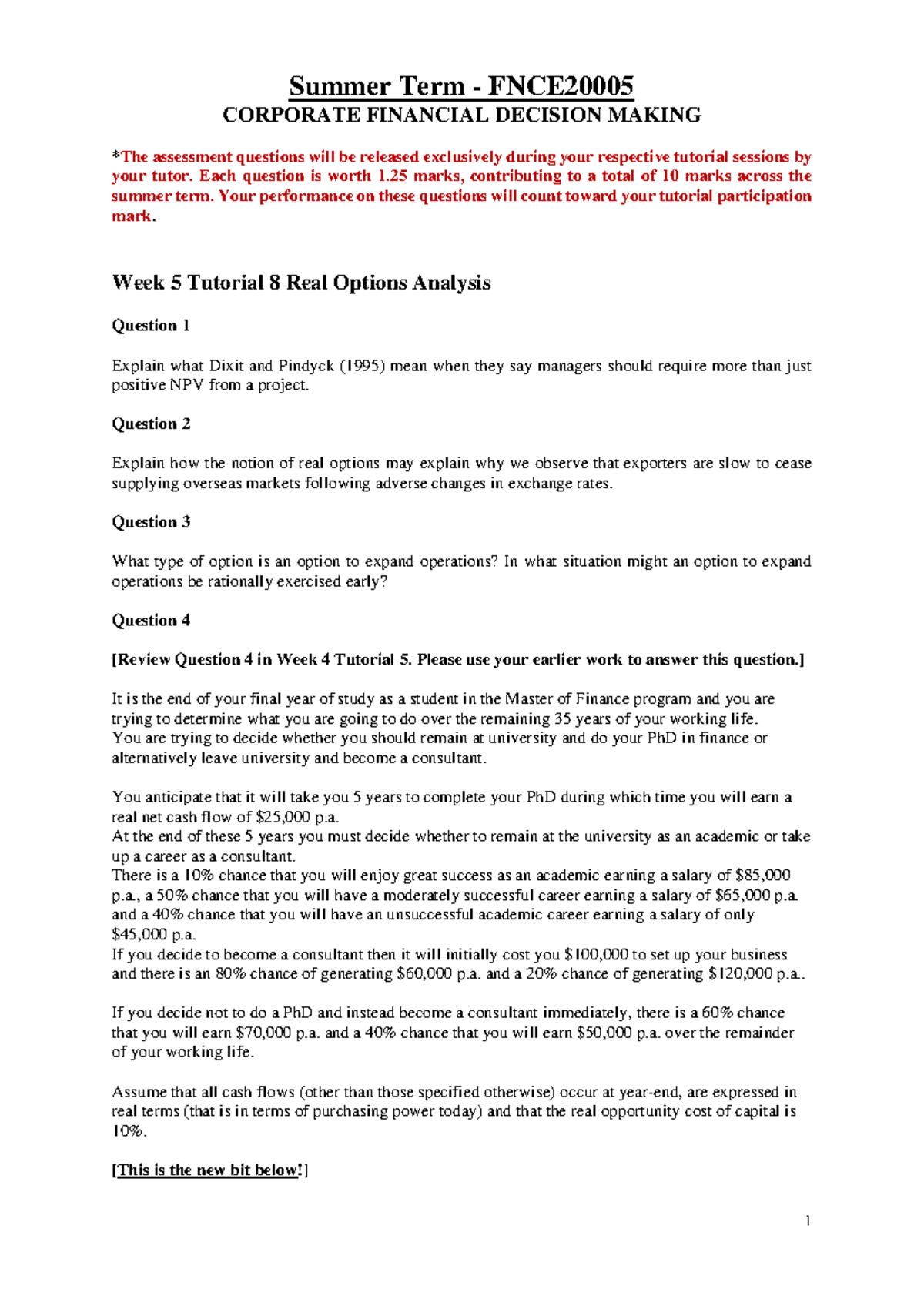 26 Week 5 Tutorial 8: Corporate Financial Decision Making Questions ...