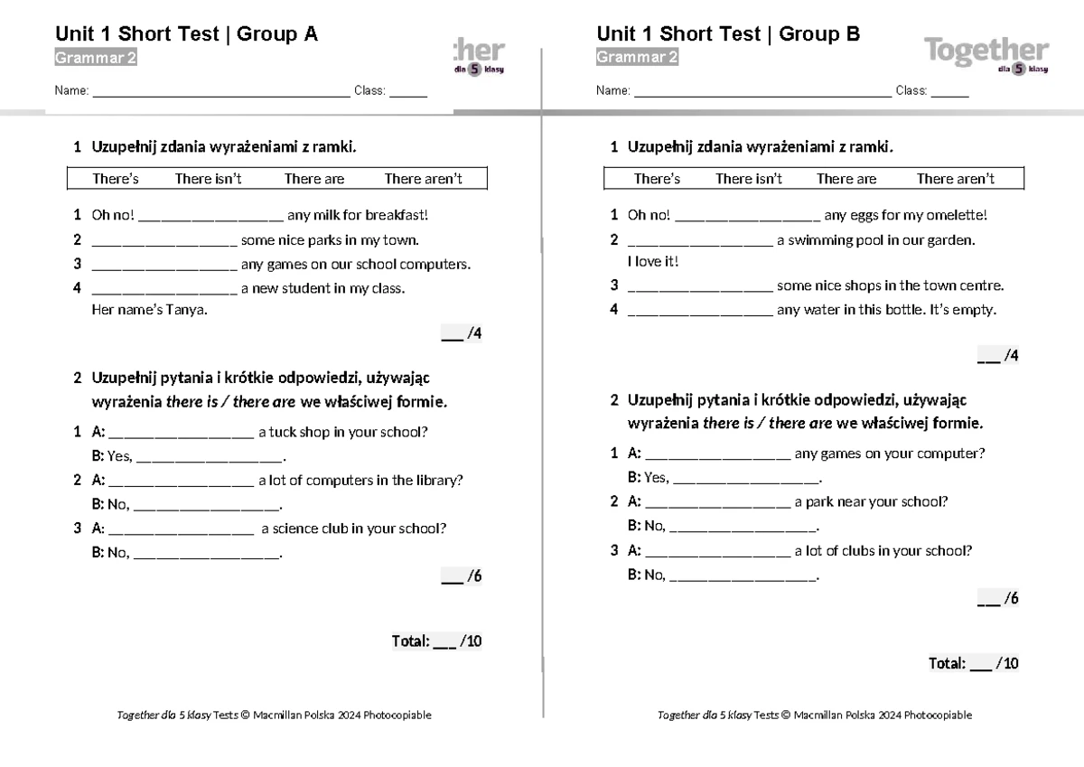 Together kl5 U1 Unit Test Standard A - Complete Guide - Studocu
