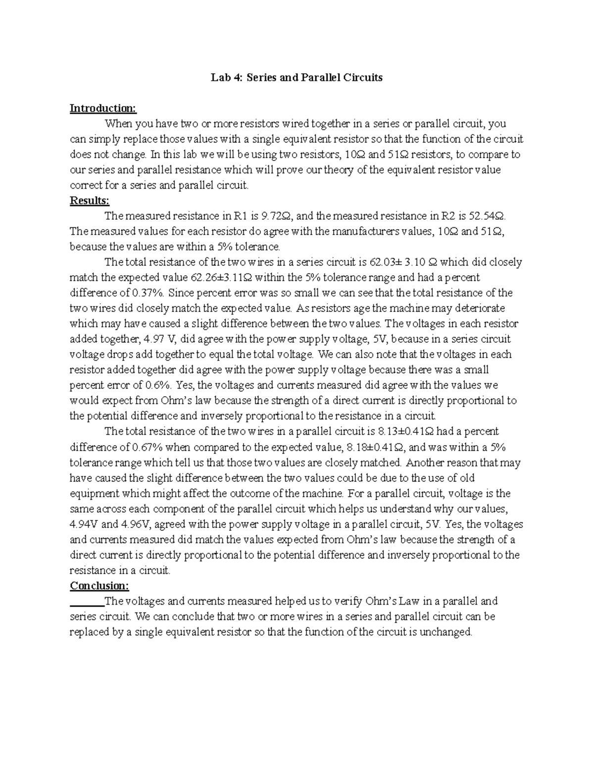 Lab 4: Analyzing Series & Parallel Circuits with Resistors - Studocu
