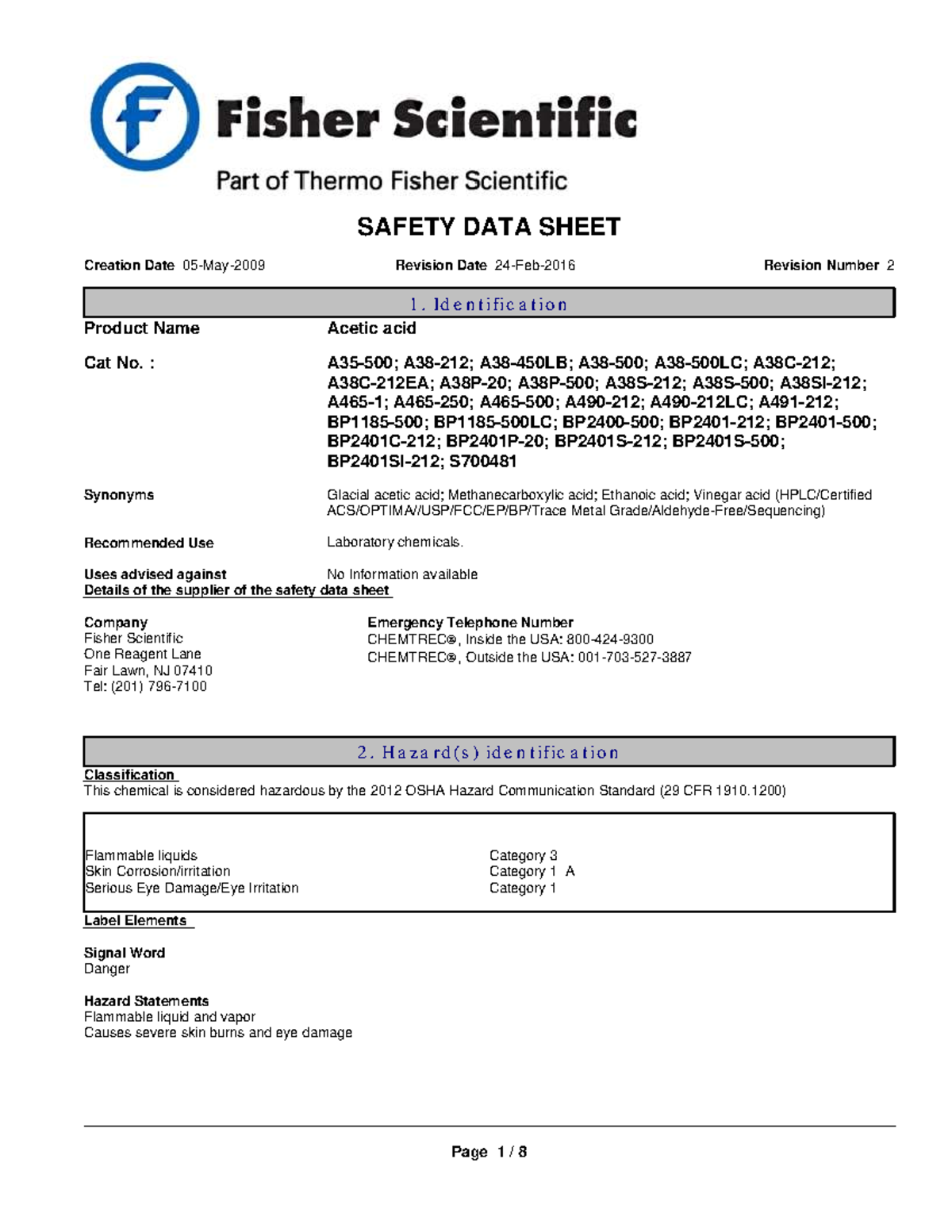 SAFETY DATA SHEET: Acetic Acid (Glacial) - Fisher Scientific SDS - Studocu