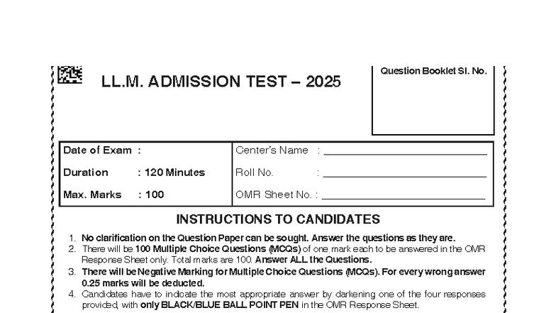 LL.M. Admission Test 2025: OMR Sheet Instructions and Guidelines - Studocu