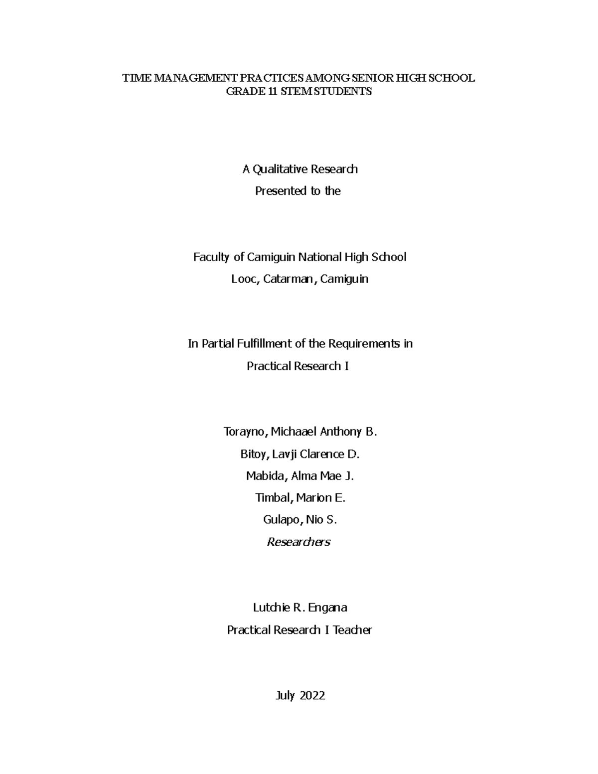 Time Management Practices Among Grade 11 STEM Students - Final Research ...