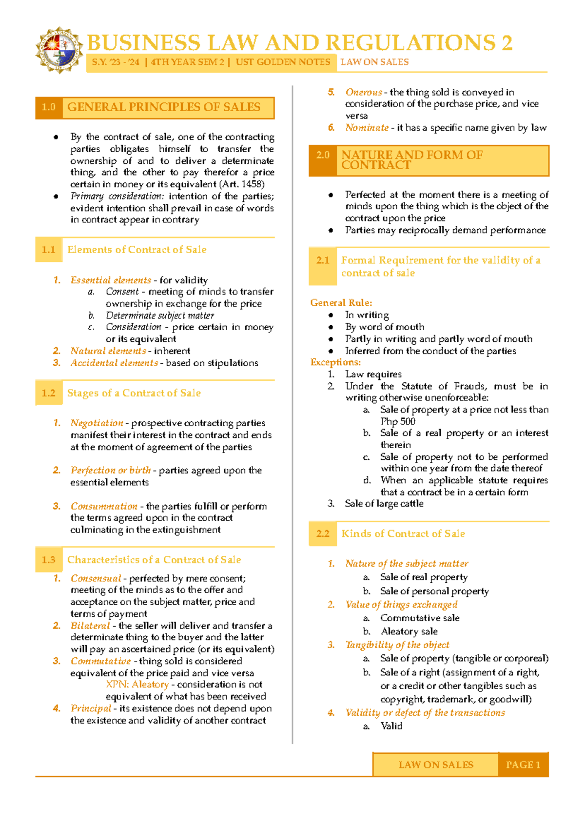 LAW ON SALES S.Y. ‘23 - ‘24 | 4TH YEAR SEM 2 | UST GOLDEN NOTES - Studocu