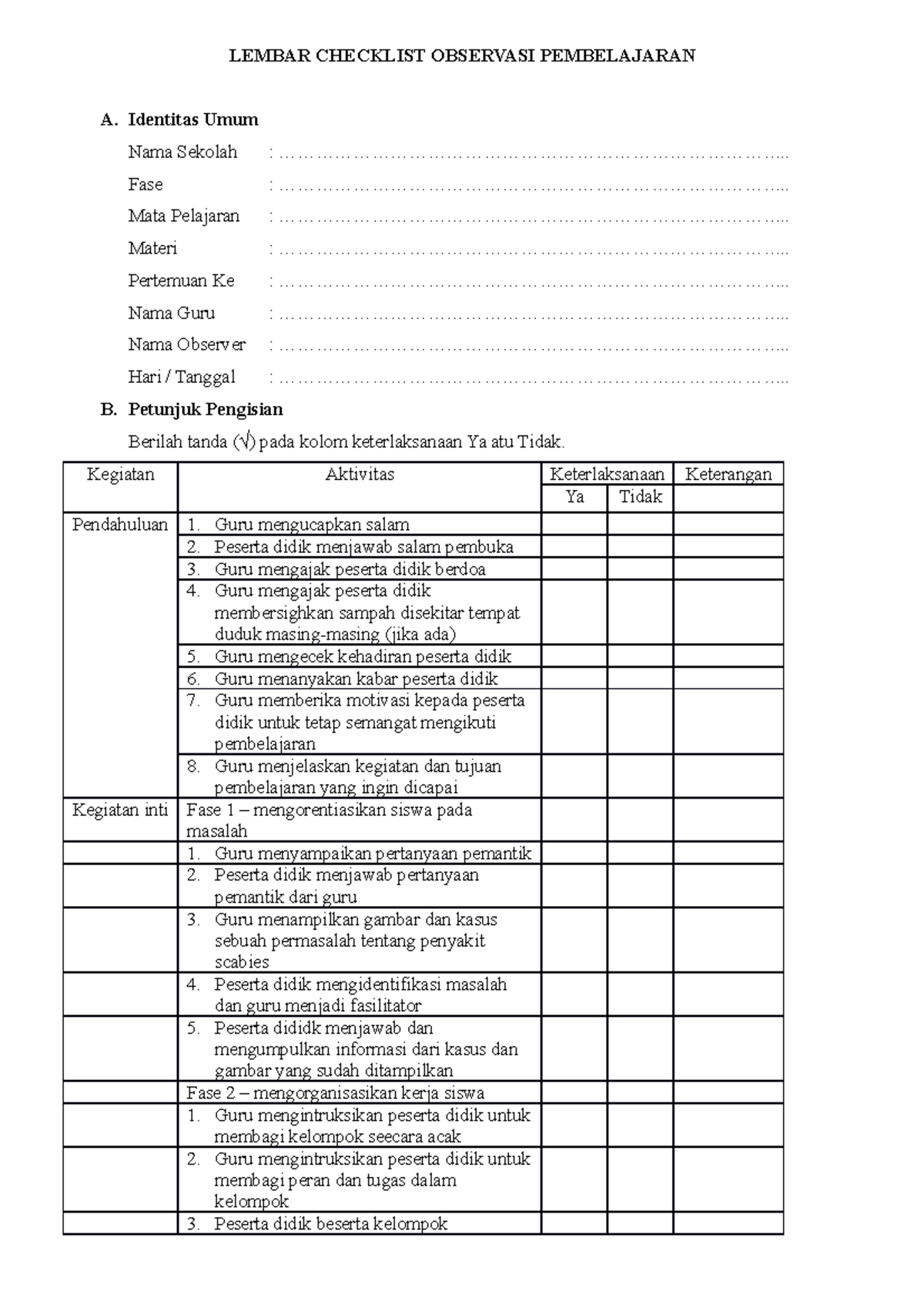 Lembar Checklist Observasi Pembelajaran - Fase Pengamatan 2023 - Studocu