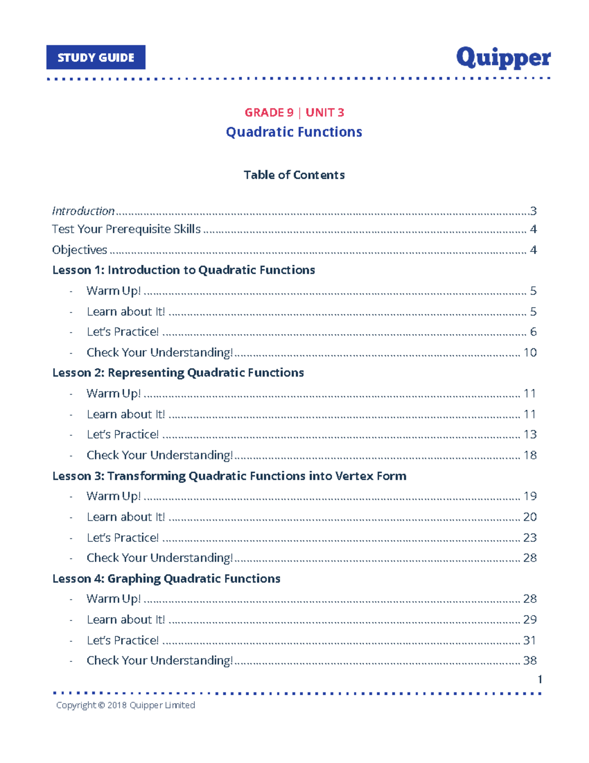 Grade 9 Study Guide: Unit 3 - Quadratic Functions Overview - Studocu