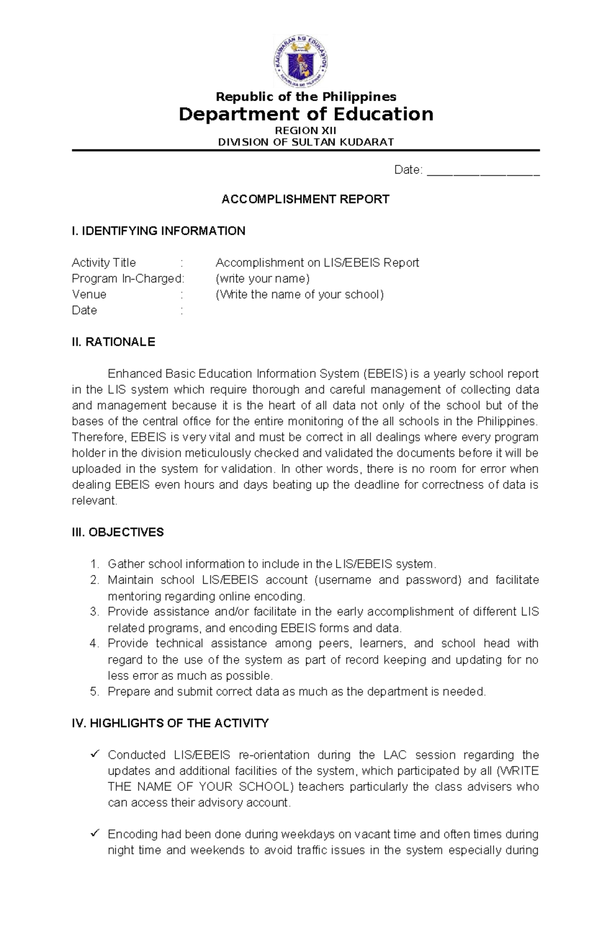 LIS Ebeis Accomplishment Report for SY 2022-2023 - Region XII - Studocu