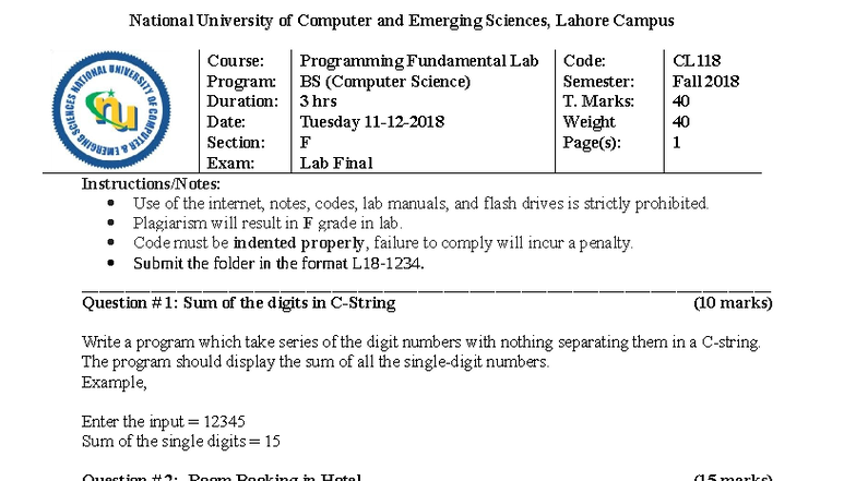 PF Lab Final Exam CL118: Programming Fundamentals Fall 2018 - Studocu