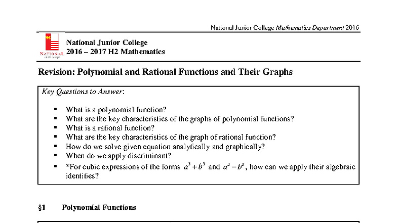 2016-2017 H2 Maths: Polynomial & Rational Functions Revision Notes ...