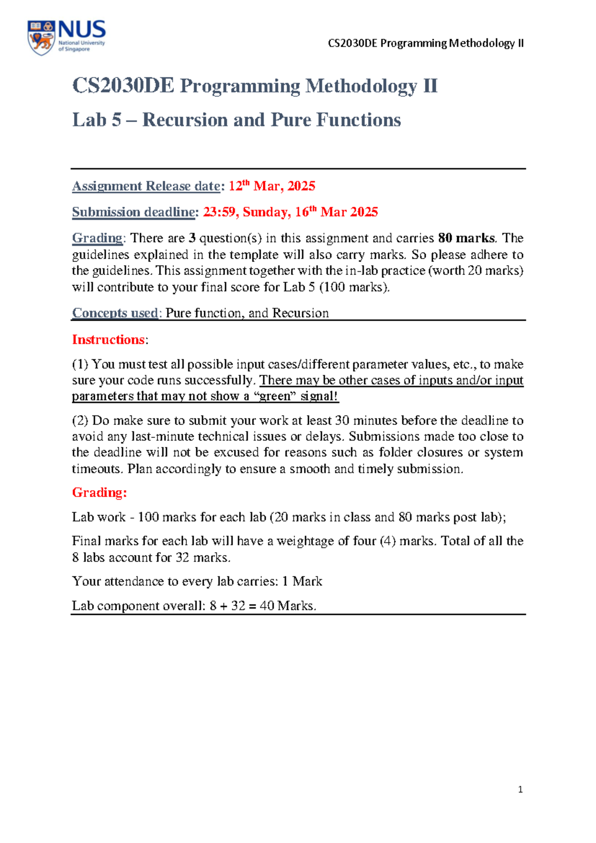 CS2030DE Lab 5: Recursion & Pure Functions Assignment Guide - Studocu