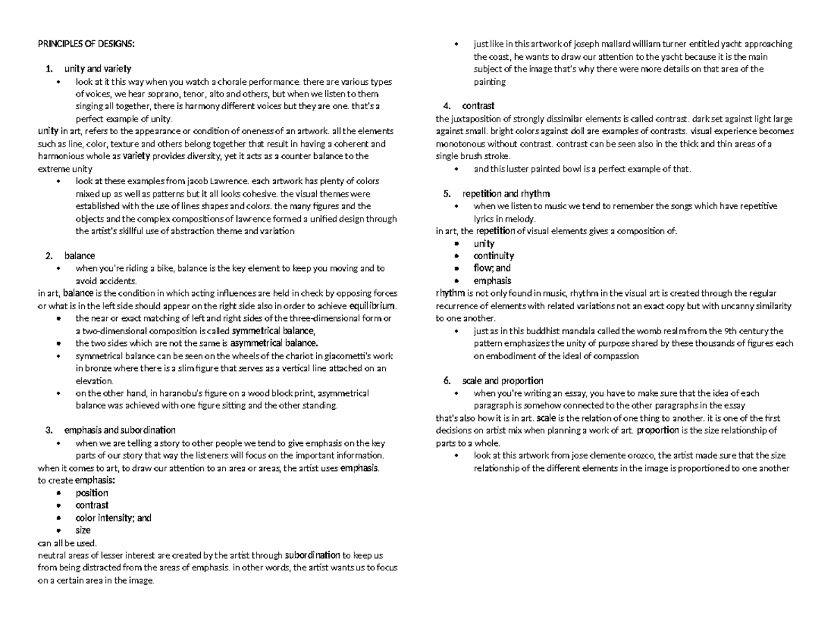 Principles of Design & Elements of Art Notes (ART 101) - Studocu