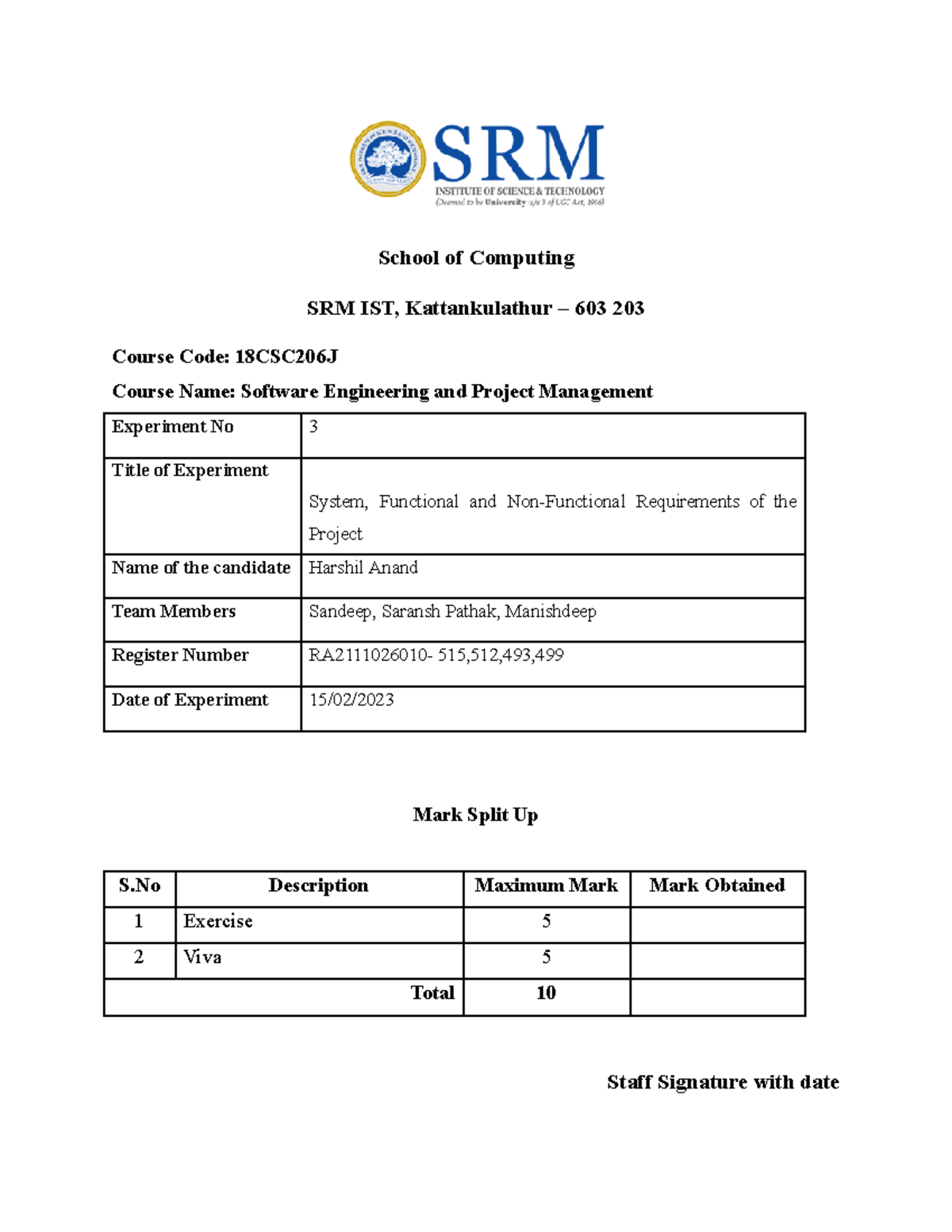 18CSC206J-SEPM Ex-3 - Google Docs - School of Computing SRM IST, Kattankulathur – 603 203 Course ...