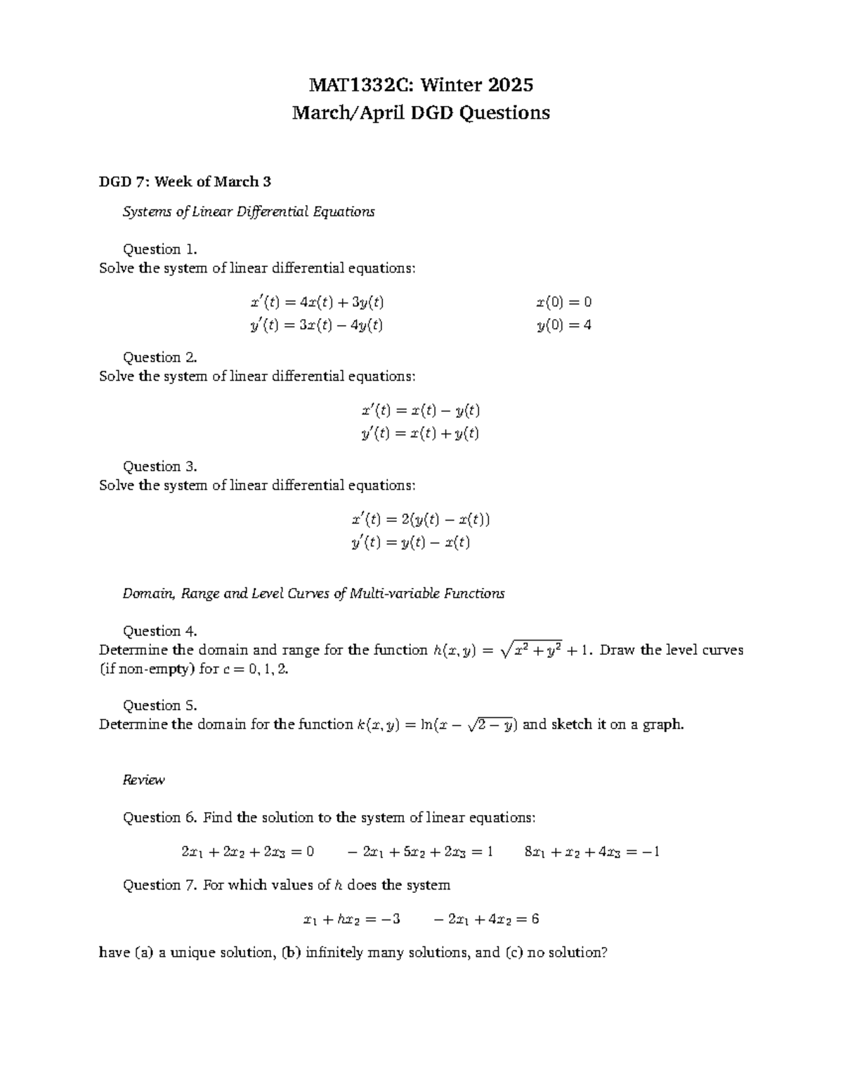 MAT1332C: Winter 2025 DGD Questions on Linear Differential Equations - Studocu