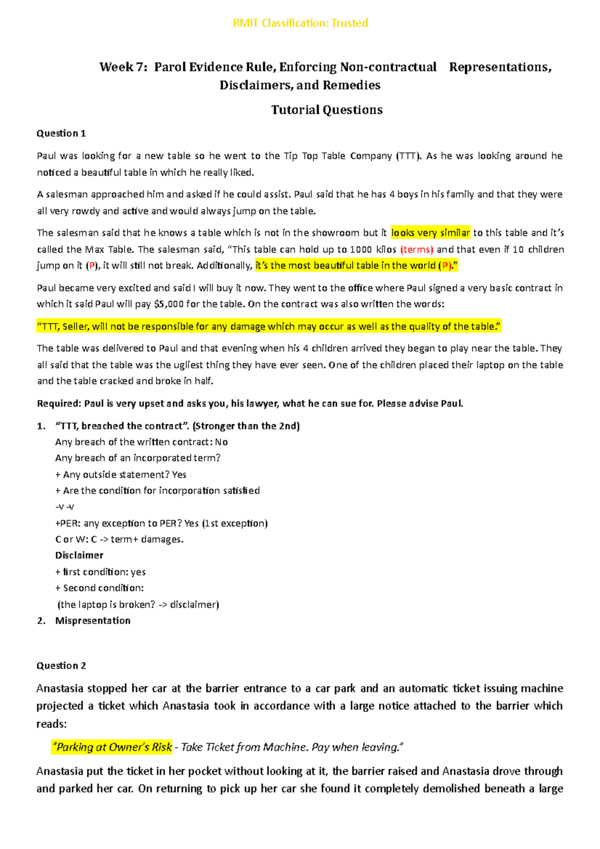 LAW101: Week 7 Tutorial Questions on Parol Evidence & Misrepresentation ...