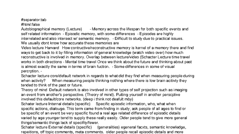Memory 4 (PSY 101) - Lecture Notes on Autobiographical Memory and Its ...