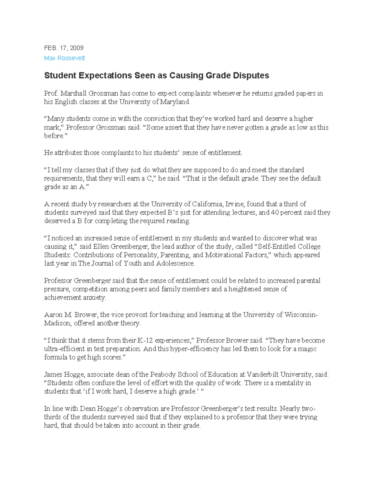 FEB. 17, 2009: Student Expectations & Grade Disputes Analysis - Studocu