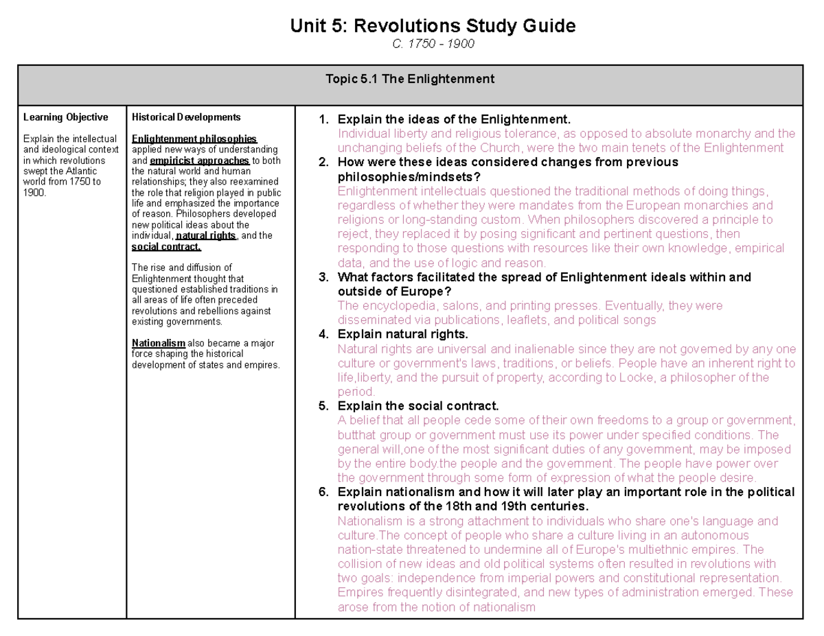 Unit 5 Study Guide: Revolutions (1750-1900) - Enlightenment ...