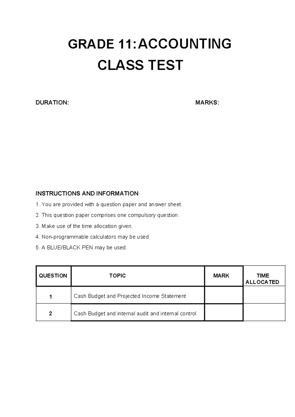 Grade 11 Accounting Class Test: Cash Budget & Income Statement - Studocu