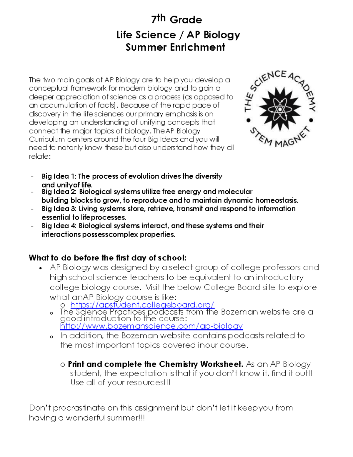 7th Grade Life Science - AP Biology Summer - Because of the rapid pace ...