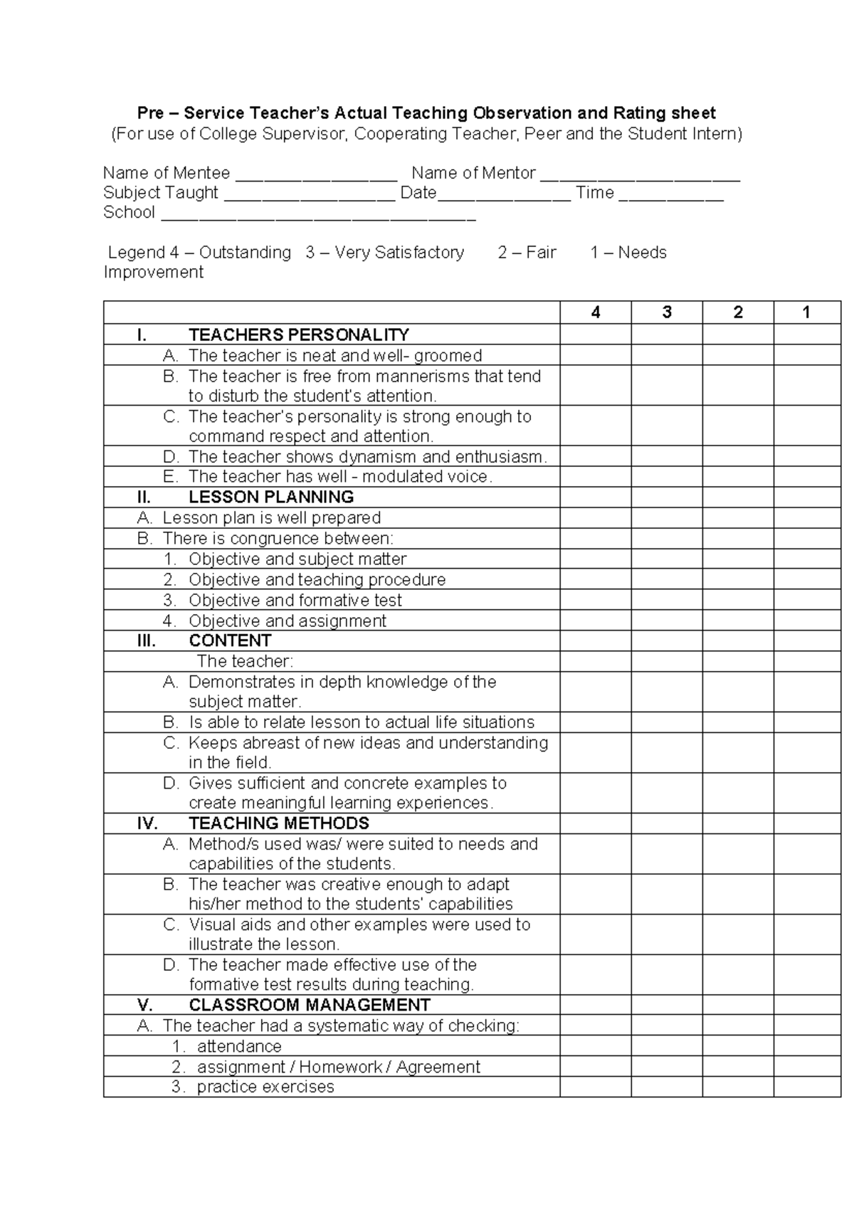 Pre-Service Teaching Observation & Rating Sheet (For Supervisors) - Studocu