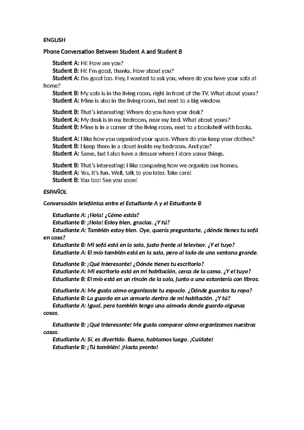 ENGLISH 101: Phone Conversation Script Between Students A & B - Studocu