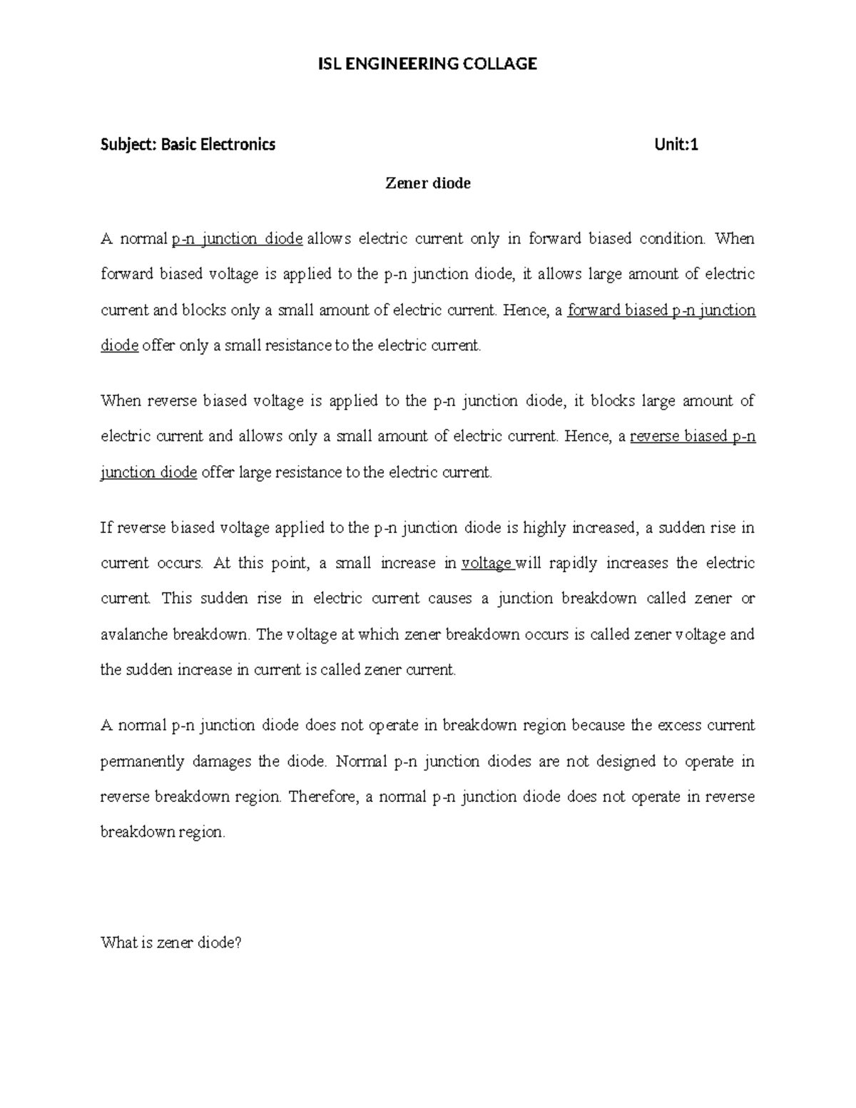 Zener Diode Characteristics & Voltage Regulation (ISL BE Unit 1) - Studocu