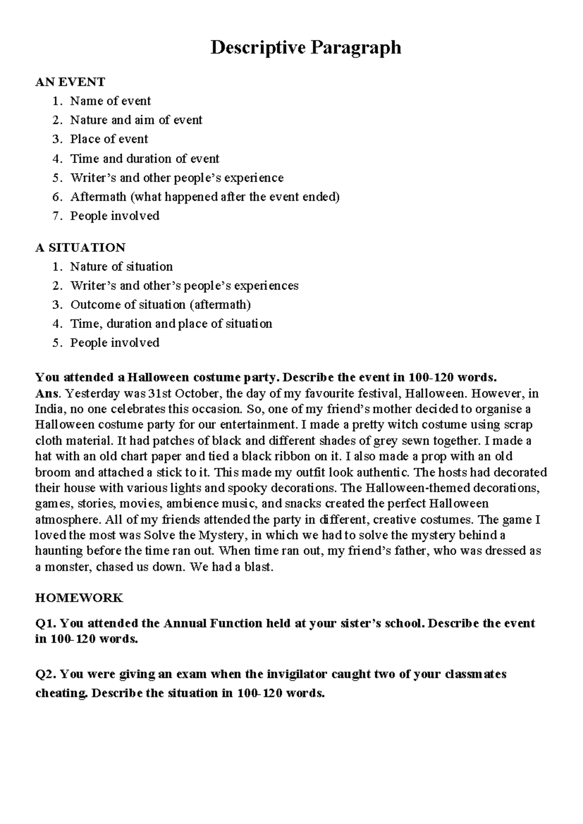 Descriptive Paragraphs for Class 9TH: Events & Situations - Studocu