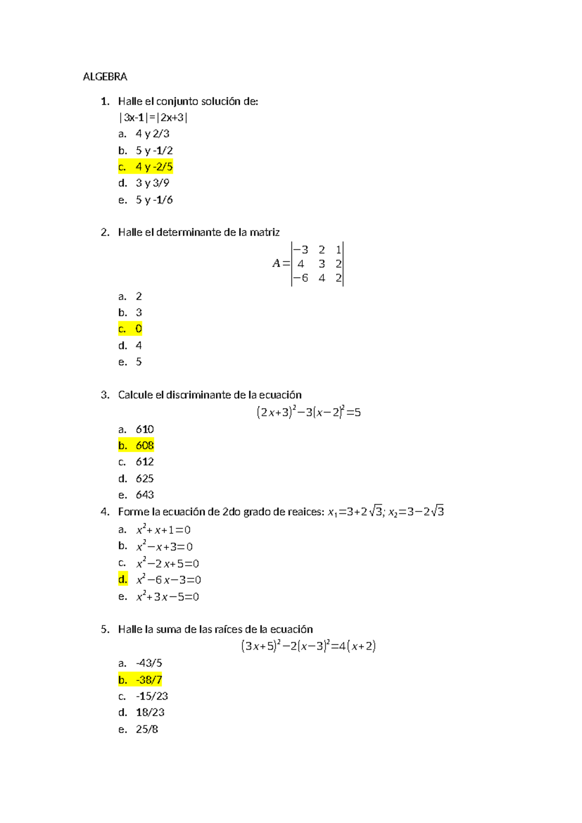 ALGEBRA 1 - EJERCICIOS DE SOLUCIÓN Y DETERMINANTES - Studocu