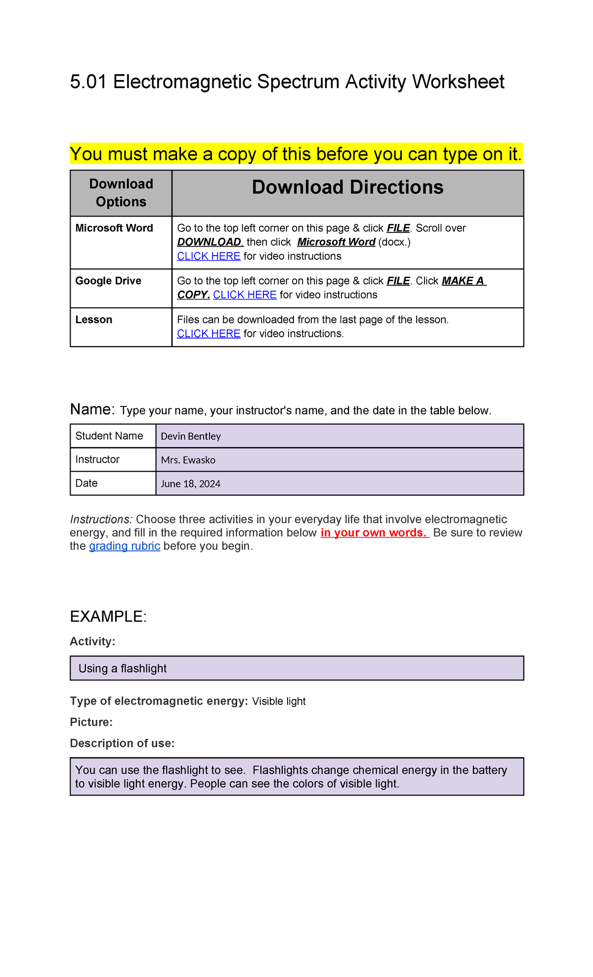 5.01 Electromagnetic Spectrum Activity Worksheet: Interactive Learning ...