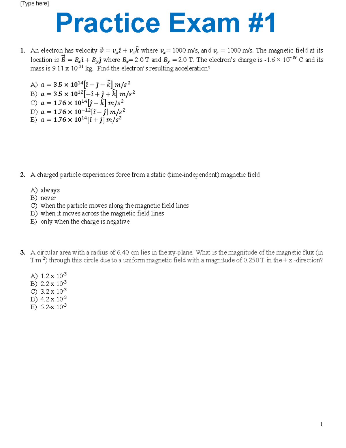 Practice Exam #1, Physics 121: Common Exam 3 Review - Studocu