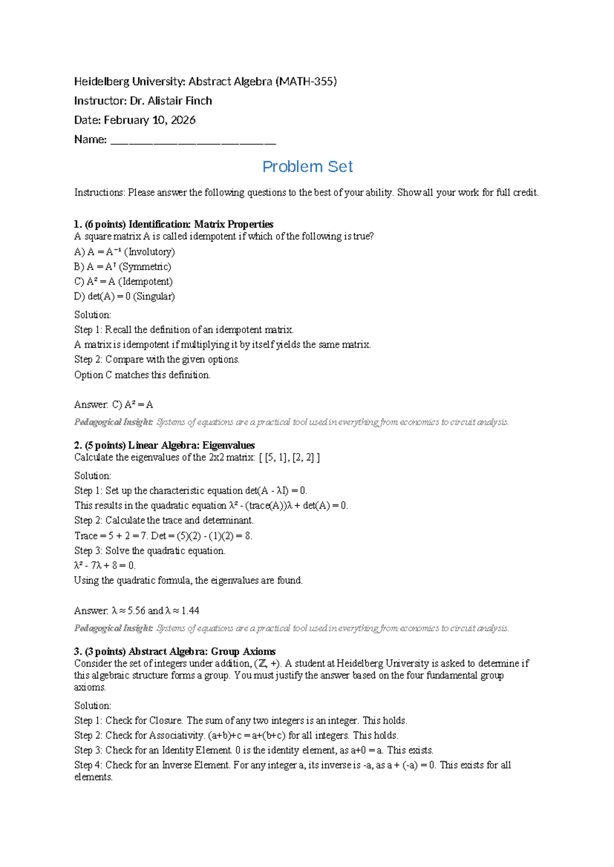 Algebra Problem Set 5785: Abstract Algebra & Linear Algebra Concepts ...