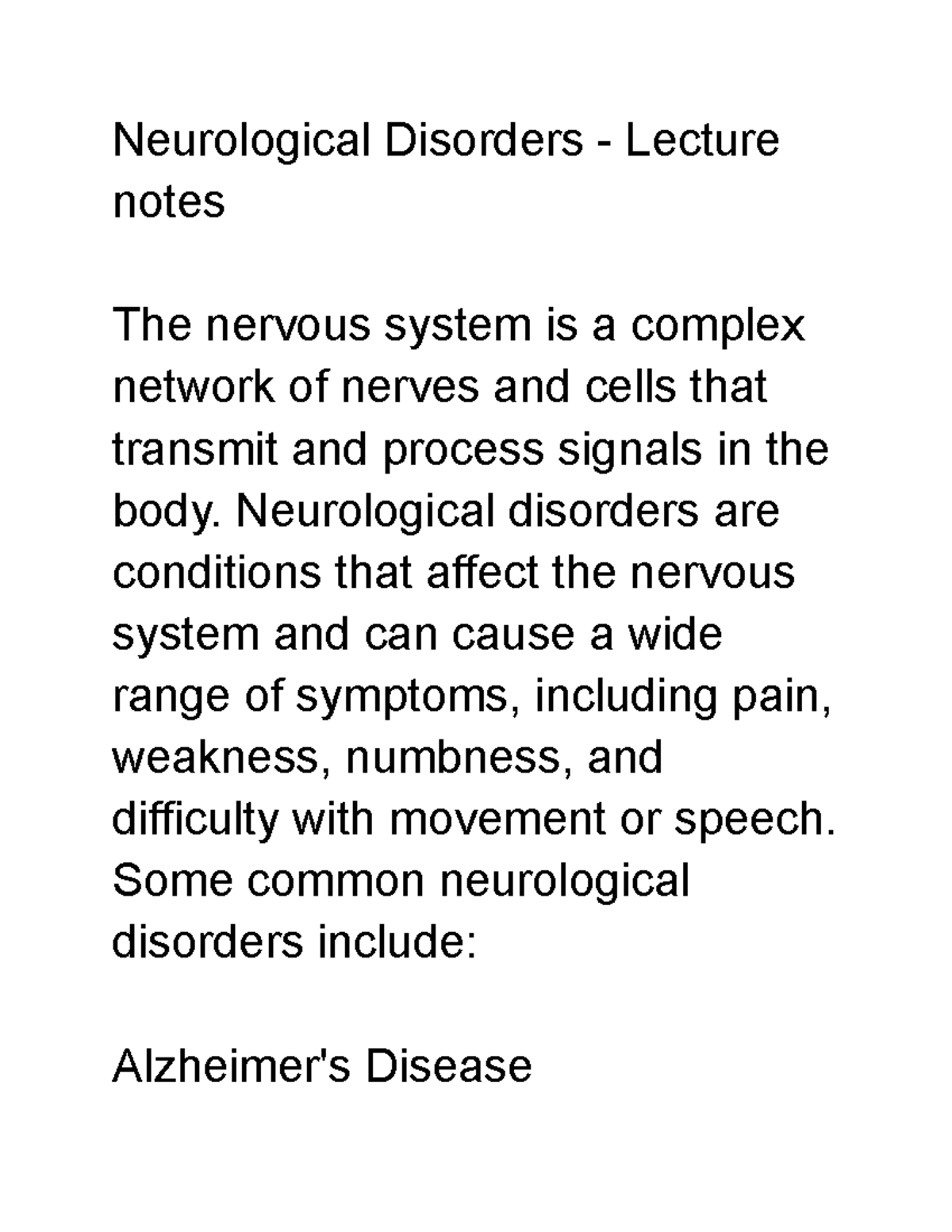 Neurological Disorders (NEURO 101) - Lecture Notes Summary - Studocu