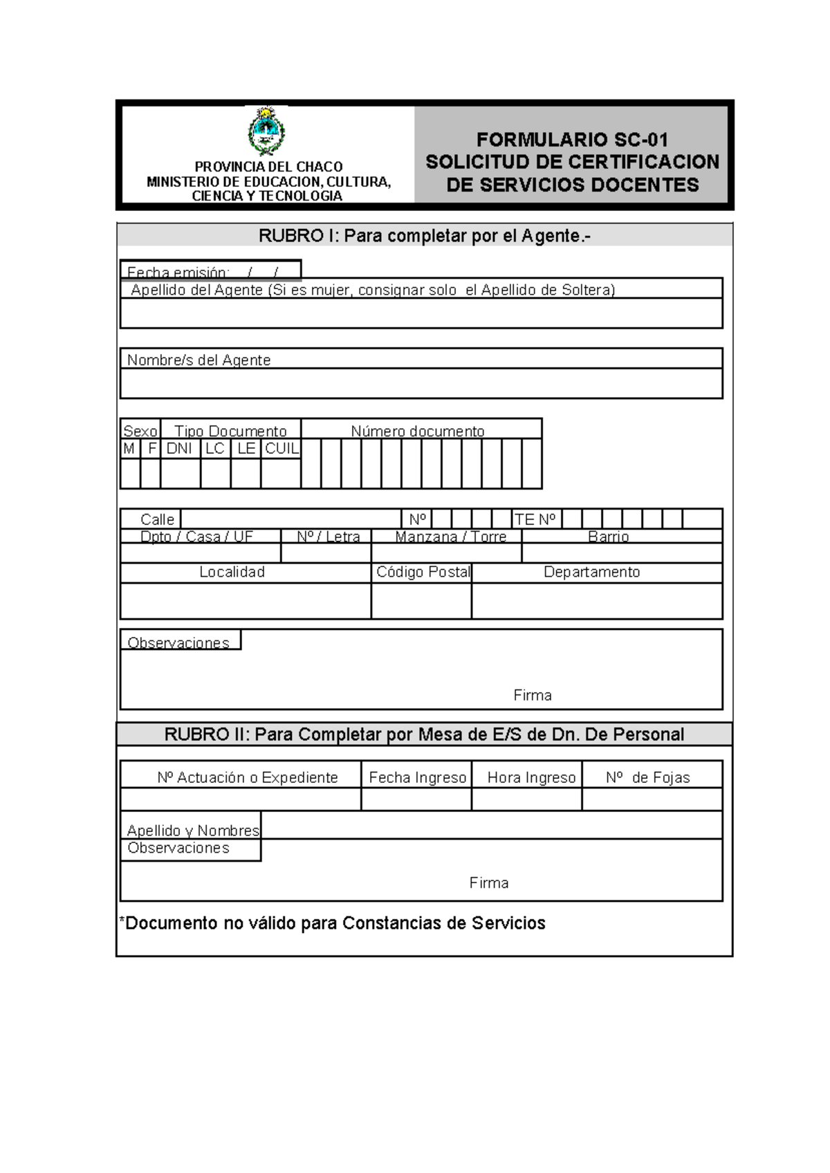 Formulario SC 01: Solicitud de Certificación de Servicios Docentes ...