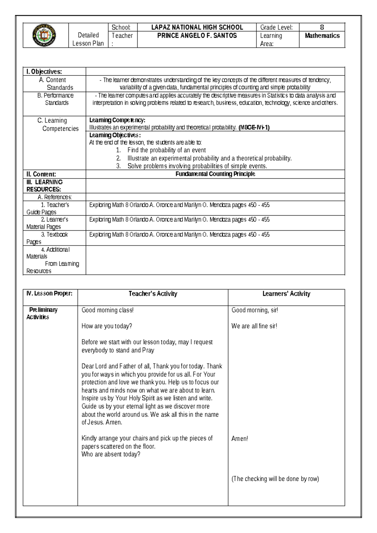 Detailed Lesson Plan on MATH 8 - Probability of an Event - Studocu