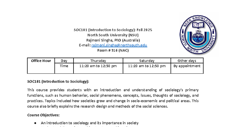 SOC101: Course Outline for Introduction to Sociology - Fall 2025 - Studocu